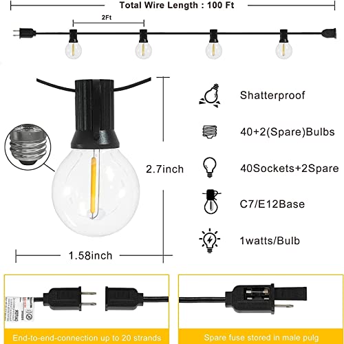 Outdoor String Lights 100ft G40 Globe Outdoor Lights with 42 Waterproof Shatterproof LED Bulbs(2 Spare)Connectable Patio Lights for Outside Backyard Garden Porch Party Led Outdoor String Lights