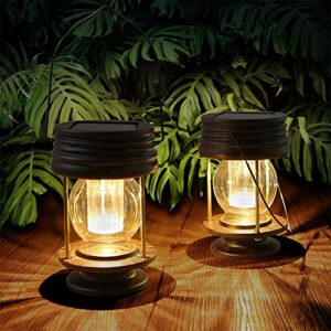 pearlstar solar lantern outdoor waterproof hanging solar garden lights – 2 pack solar powered landscape christmas lanterns with retro design for patio, yard, garden and pathway decor ( warm light )