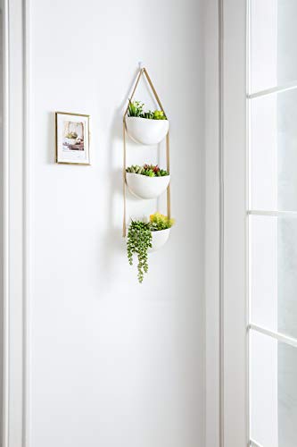 Mkono Ceramic Wall Planter 3 Tier Hanging Succulent Herb Planter for Indoor Plants, 7 Inch Half Moon Flower Pot with Leather Strap Modern Vertical Garden for Air Plants Live or Faux Plants Home Decor