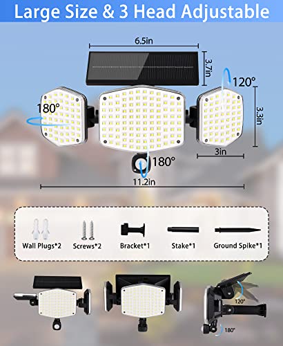 HAARAY Solar Lights Outdoor, 208 LED Super Bright Motion Sensor Lights with Stake, Wall Mount, IP65 Waterproof, 3 Head Adjustable Security Flood Lights for Garden Porch Pathway