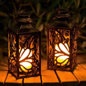 solar lanterns outdoor garden decor – oxyled 2 pack 14.2 inch led waterproof hanging retro butterfly lantern with handle flickering flameless candle mission lights for table patio yard pathway porch