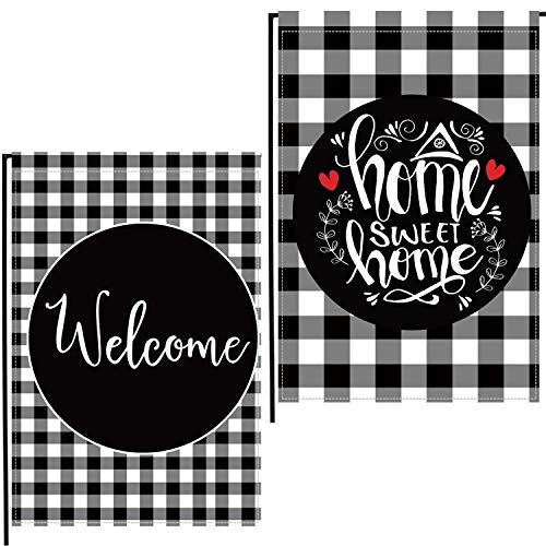 COSKAKA Home Decorative Welcome Home Sweet Home Garden Flag, Buffalo Plaid Check House Yard Outdoor Flag Black and White, Burlap Spring Summer Outside Farmhouse Holiday Flag 12.5 x 18