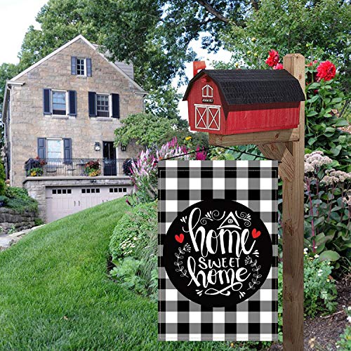 COSKAKA Home Decorative Welcome Home Sweet Home Garden Flag, Buffalo Plaid Check House Yard Outdoor Flag Black and White, Burlap Spring Summer Outside Farmhouse Holiday Flag 12.5 x 18