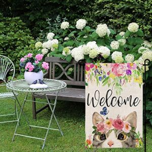 Cat Garden Flag Welcome 12 x 18 inch Flower Butterfly Yard Outdoor Decoration Burlap Spring Garden Flag DF032