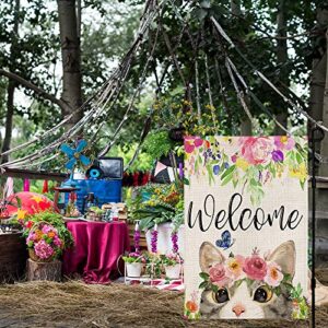 Cat Garden Flag Welcome 12 x 18 inch Flower Butterfly Yard Outdoor Decoration Burlap Spring Garden Flag DF032