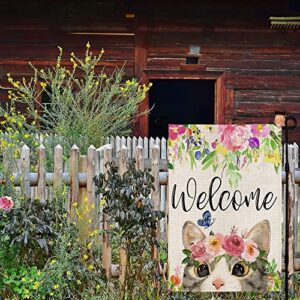 Cat Garden Flag Welcome 12 x 18 inch Flower Butterfly Yard Outdoor Decoration Burlap Spring Garden Flag DF032