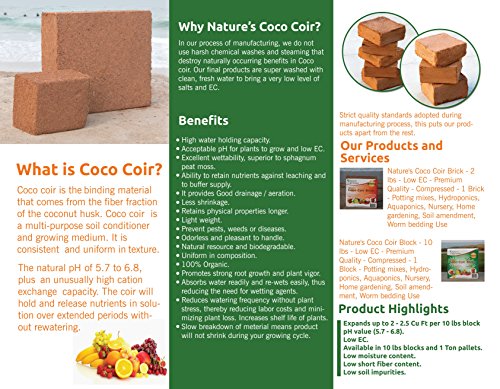 Nature's Premium Organic Coco Coir 1 Pound Brick, Garden Soil, Reptile Bedding, Hydroponics, Growing Medium, Aquaponics, Soil Amendment