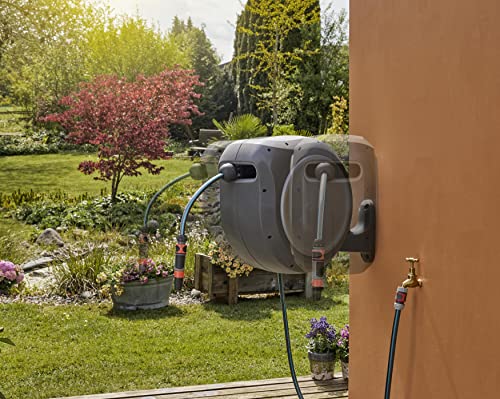 GARDENA 8055-100 Foot Wall Mounted Retractable Reel with Hose Guide, Automatic retraction for Easy Watering