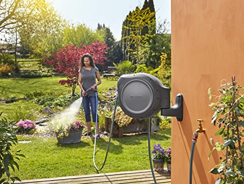 GARDENA 8055-100 Foot Wall Mounted Retractable Reel with Hose Guide, Automatic retraction for Easy Watering