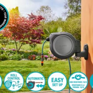 GARDENA 8055-100 Foot Wall Mounted Retractable Reel with Hose Guide, Automatic retraction for Easy Watering