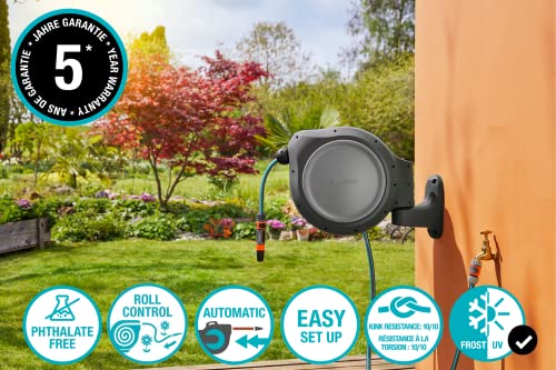 GARDENA 8055-100 Foot Wall Mounted Retractable Reel with Hose Guide, Automatic retraction for Easy Watering