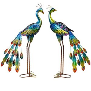 glintoper 2 pack solar peacock garden decor, metal peacocks figurine lights, led solar powered decorative yard statue art waterproof for landscape patio yard walkway pathway lawn