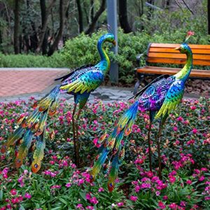 Glintoper 2 Pack Solar Peacock Garden Decor, Metal Peacocks Figurine Lights, LED Solar Powered Decorative Yard Statue Art Waterproof for Landscape Patio Yard Walkway Pathway Lawn