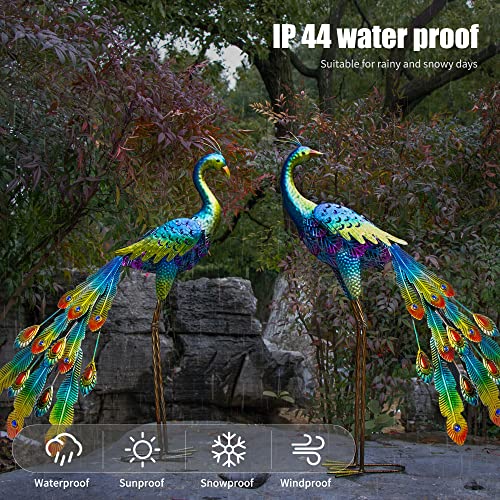 Glintoper 2 Pack Solar Peacock Garden Decor, Metal Peacocks Figurine Lights, LED Solar Powered Decorative Yard Statue Art Waterproof for Landscape Patio Yard Walkway Pathway Lawn