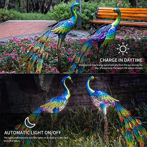 Glintoper 2 Pack Solar Peacock Garden Decor, Metal Peacocks Figurine Lights, LED Solar Powered Decorative Yard Statue Art Waterproof for Landscape Patio Yard Walkway Pathway Lawn