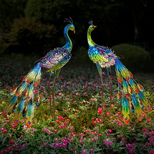 Glintoper 2 Pack Solar Peacock Garden Decor, Metal Peacocks Figurine Lights, LED Solar Powered Decorative Yard Statue Art Waterproof for Landscape Patio Yard Walkway Pathway Lawn