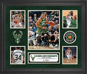 giannis antetokounmpo milwaukee bucks framed 5-photo collage with a piece of team-used basketball – nba player plaques and collages