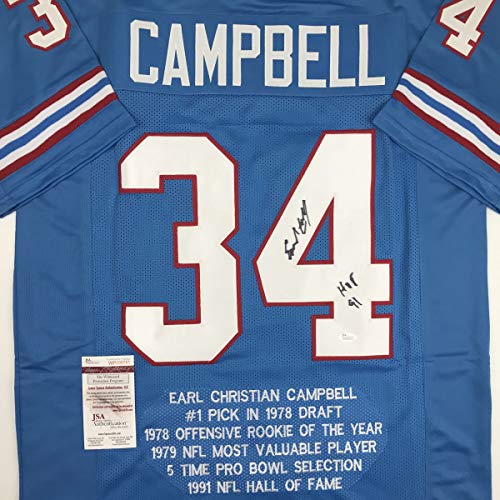 Autographed/Signed Earl Campbell HOF 91 Houston Blue Stat Football Jersey JSA COA