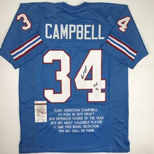 Autographed/Signed Earl Campbell HOF 91 Houston Blue Stat Football Jersey JSA COA