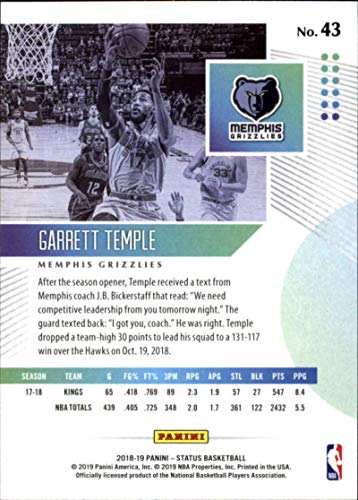 2018-19 Panini Status NBA Basketball Card #43 Garrett Temple Memphis Grizzlies