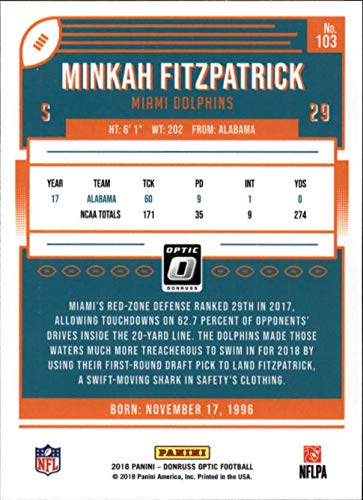 2018 Donruss Optic #103 Minkah Fitzpatrick Rookie RC Rookie Miami Dolphins NFL Football Trading Card