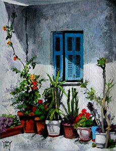 la ventana azul, villa courtyard flwer pots by internationally renowned artist yary dluhos