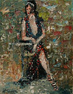 sold the parisienne, vogue woman at paris cafe by internationally renown painter andre dluhos