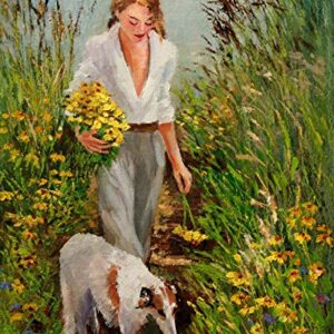 SOLD Handful of Daffodils, Female Figure And Dog By Internationally Renown Impressionist Artist Yary Dluhos