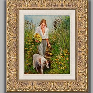 SOLD Handful of Daffodils, Female Figure And Dog By Internationally Renown Impressionist Artist Yary Dluhos