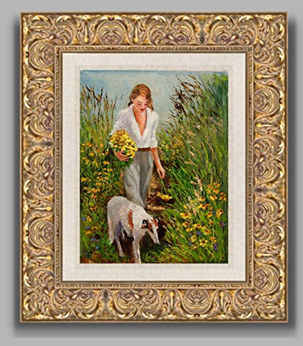 SOLD Handful of Daffodils, Female Figure And Dog By Internationally Renown Impressionist Artist Yary Dluhos