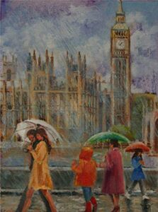 sold thames promenade, london rain by internationally renown artist yary dluhos