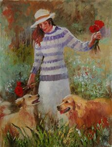 (sold) the puppies and poppies – female figure and golden retrievers by internationally renown painter yary dluhos