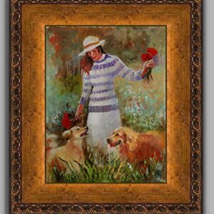 (SOLD) The Puppies and Poppies - female figure and Golden Retrievers by internationally renown painter Yary Dluhos