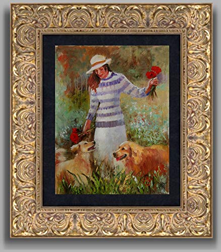 (SOLD) The Puppies and Poppies - female figure and Golden Retrievers by internationally renown painter Yary Dluhos