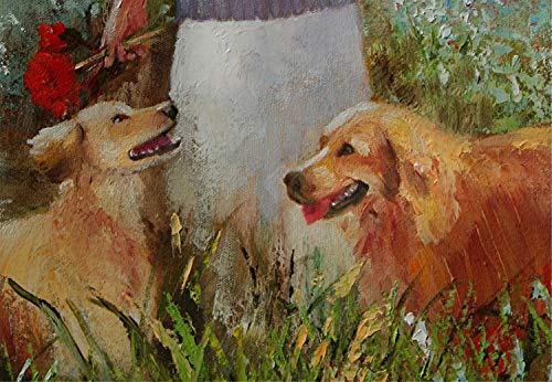 (SOLD) The Puppies and Poppies - female figure and Golden Retrievers by internationally renown painter Yary Dluhos