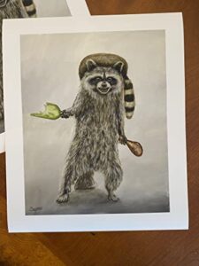 cute raccoon with a broken bottle and chicken leg print