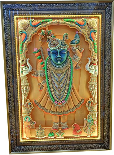 ShreeNathji Chandaniya Gatta hand wood painting gold leaf large wood painting with frame and LED