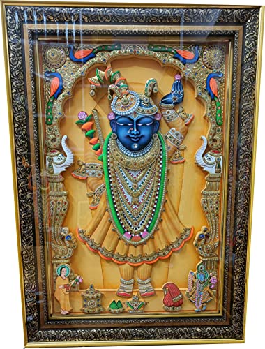 ShreeNathji Chandaniya Gatta hand wood painting gold leaf large wood painting with frame and LED