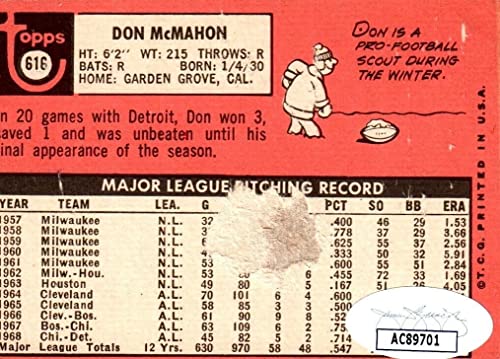 Don McMahon Signed 1969 Topps Baseball Card with JSA COA