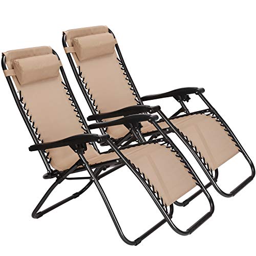 Zero Gravity Outdoor Lounge Chairs Patio Adjustable Folding Reclining Chairs Beach Chairs with Cup/Drink Utility Tray for Lawn Poolside Backyard Patio, Beach Camping Outdoor(2 Pack)