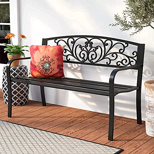 Patio Bench 50in Coated Cast Iron Steel Frame Outdoor Bench,Garden Bench Double Seat with Pattern Backrest&Armrests for Garden Backyard Lawn Porch Path Patio Furniture Chair,Black,50x24x34.6inch