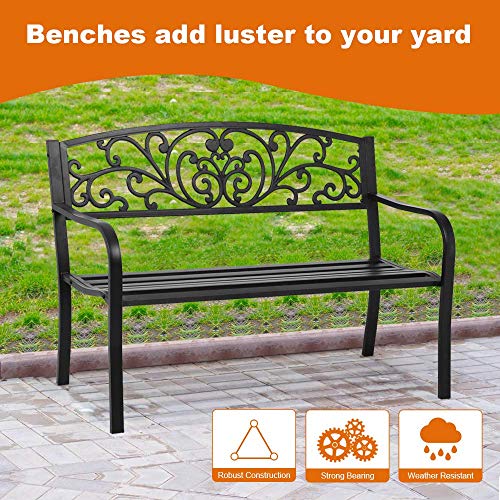 Patio Bench 50in Coated Cast Iron Steel Frame Outdoor Bench,Garden Bench Double Seat with Pattern Backrest&Armrests for Garden Backyard Lawn Porch Path Patio Furniture Chair,Black,50x24x34.6inch