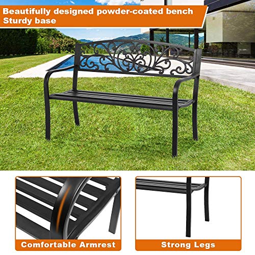 Patio Bench 50in Coated Cast Iron Steel Frame Outdoor Bench,Garden Bench Double Seat with Pattern Backrest&Armrests for Garden Backyard Lawn Porch Path Patio Furniture Chair,Black,50x24x34.6inch