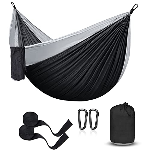 Hammock Camping, Portable Single Hammocks for Outdoor Hiking Travel Backpacking - 210D Nylon Hammock Swing for Backyard & Garden 55''W108''L (Black/Gray)