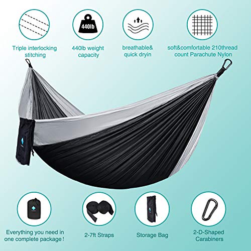 Hammock Camping, Portable Single Hammocks for Outdoor Hiking Travel Backpacking - 210D Nylon Hammock Swing for Backyard & Garden 55''W108''L (Black/Gray)