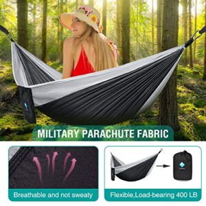 Hammock Camping, Portable Single Hammocks for Outdoor Hiking Travel Backpacking - 210D Nylon Hammock Swing for Backyard & Garden 55''W108''L (Black/Gray)