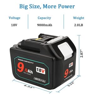 TENMOER 18V 9.0Ah BL1890 Replacement Battery Compatible with Makita 18V BL1830B BL1860B Cordless Drill with LED Screen Display,2-Pack