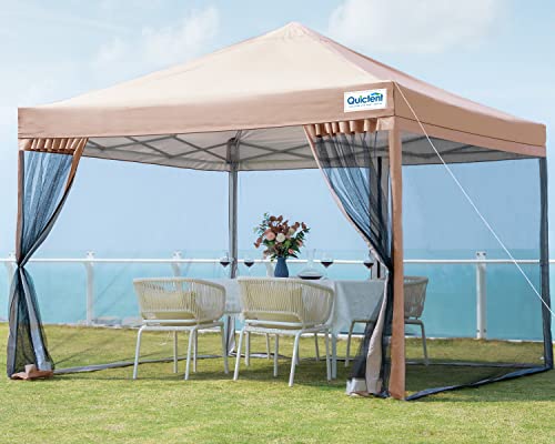 Quictent 8'x8' Ez Pop up Canopy Tent with Netting Screened, Outdoor Instant Portable Gazebo Screen House Room Tent -Fully Sealed, Waterproof & Sand Bags Included (Tan)