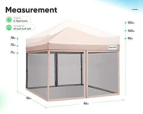 Quictent 8'x8' Ez Pop up Canopy Tent with Netting Screened, Outdoor Instant Portable Gazebo Screen House Room Tent -Fully Sealed, Waterproof & Sand Bags Included (Tan)