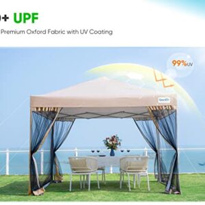 Quictent 8'x8' Ez Pop up Canopy Tent with Netting Screened, Outdoor Instant Portable Gazebo Screen House Room Tent -Fully Sealed, Waterproof & Sand Bags Included (Tan)